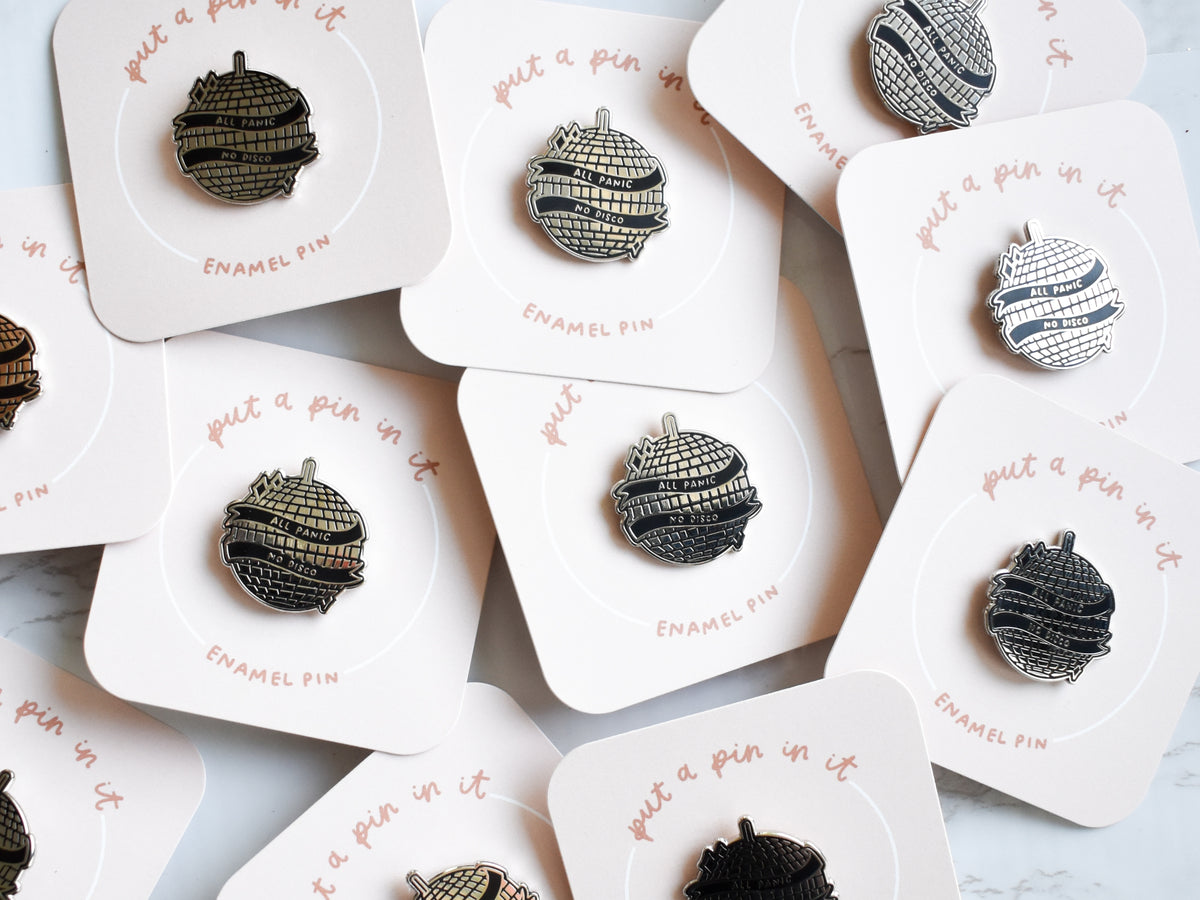 All Panic No Disco Pin | Funny Mental Health Enamel Pin – Kyn You Believe It